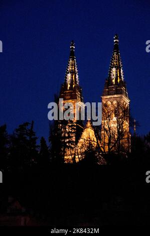 Neo-Gothic twin towers and crowning triangle gable from the Vltava ...