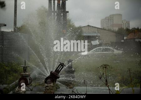 Burst pipe. Water pouring. Pipeline accident. It's dangerous situation ...