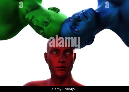 3d model. 3 multicolored male heads growing out of each other. group ...