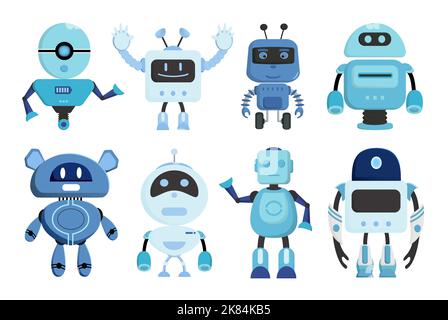 Robots character vector set design. Robot ai characters with hard hat and blueprint layout ...