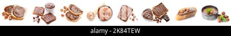 Collage of bread pieces with chocolate paste and hazelnuts on white ...