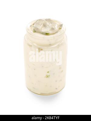 Jar with delicious Caesar sauce on white background Stock Photo - Alamy