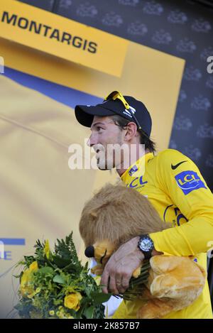 Team Saxo Bank's Fabian Cancellara on the podium after the second stage ...
