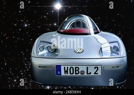 VW L2 1-liter car, front view of streamlined vehicle, consuming only ...
