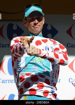 Fredrik Kessiakoff of team Astana takes the mountain leader's jersey on ...