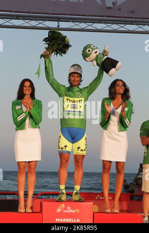 Peter Sagan team Tinkoff, takes to the podium after winning the stage ...