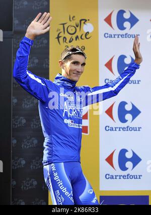 Team Agritubel's Brice Feillu on the podium after winning the seventh ...