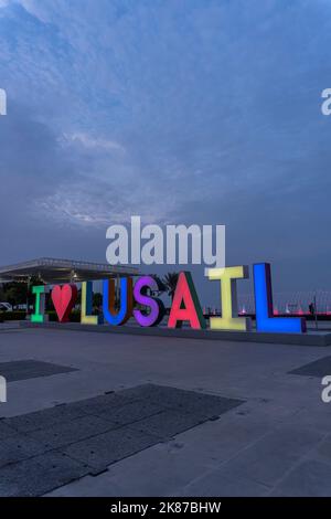 Buildings on the waterfront in Doha, Qatar, including the Tornado Tower ...
