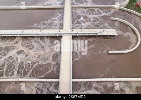 sewage treatment plant, dirty water treatment pool, aerial shot Stock ...