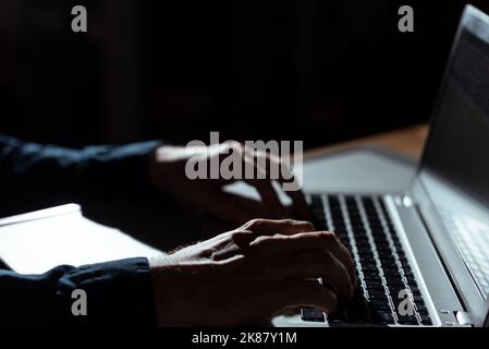 Businessman Typing Recent Updates On Lap Top Keyboard On Desk. Man In ...