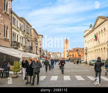 Corso Popolo, a street scene in Chioggia, Venice, Veneto, Italy a busy ...