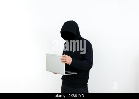 Man Standing With Laptop Presenting Cyber Security. Businessman ...