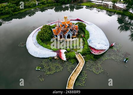 Aerial Ancient city Fish Temple in Bangkok Thailand, Ancient Siam ...