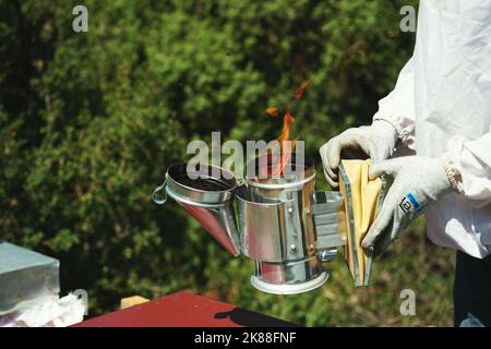 Beekeeper preparing the bee bellows for use Stock Photo - Alamy