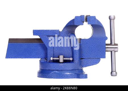 Blue bench vise isolated over white background Stock Photo - Alamy