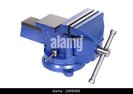 Blue bench vise isolated over white background Stock Photo - Alamy