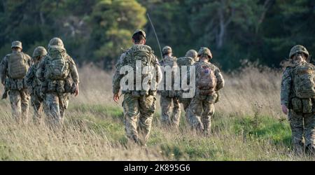 8 British army soldiers tabbing with 25Kg bergens across open countryside Stock Photo - Alamy