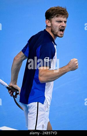 Belgian David Goffin reacts at the match between US Bradley Klahn and ...