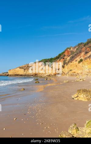 Maria Luisa beach with rock formation in Albufeira, Algarve, Portugal ...