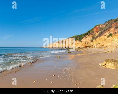 Maria Luisa beach with rock formation in Albufeira, Algarve, Portugal ...