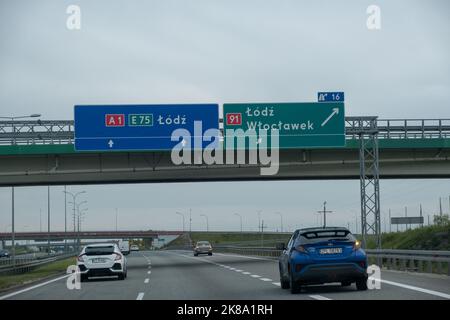 POLAND OCTOBER 16, 2022: Road sign along A1 highway in Poland Stock ...