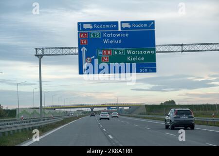 POLAND OCTOBER 16, 2022: Road sign along A1 highway in Poland Stock ...