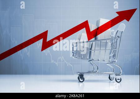 Inflation and economic crisis. Red arrow on chart, shopping cart and ...