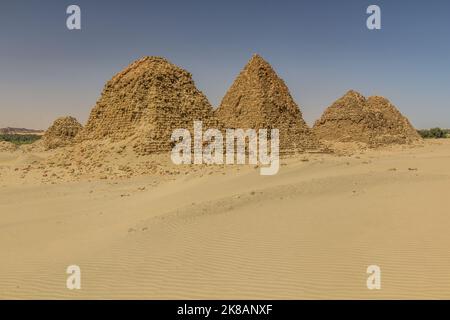 View of dilapidated pyramids of Nuri in the desert near Karima town ...