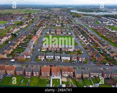 Aerial view of housing estate at Garthamlock in Glasgow, Scotland, UK ...