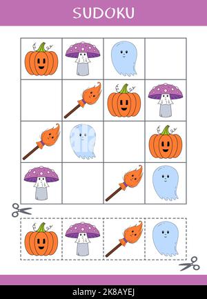 Sudoku for kids. Simple logic game. Cut and glue. Vector worksheet ...
