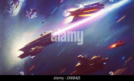 Space battle, spaceships are fighting, shooting from laser guns ...