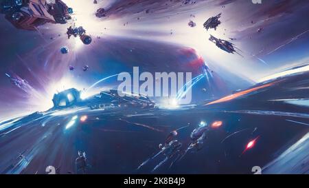 Space battle, spaceships are fighting, shooting from laser guns ...