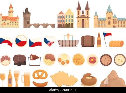 Czech Republic icons set cartoon vector. Prague skyline. Castle map ...