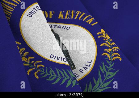 Kentucky US state flag with big folds waving close up under the studio ...
