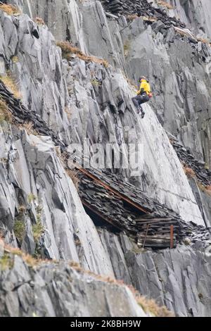 Climber at Dinorwic Slate Quarry, situated between the villages of ...