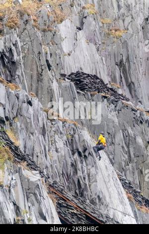 Climber at Dinorwic Slate Quarry, situated between the villages of ...