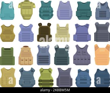 Bulletproof vest icons set cartoon vector. Armor body. Bodyguard vest ...