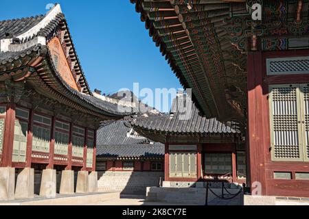 Traditional Korean buildings of the Gangnyeong-jeon or Kings Residence ...