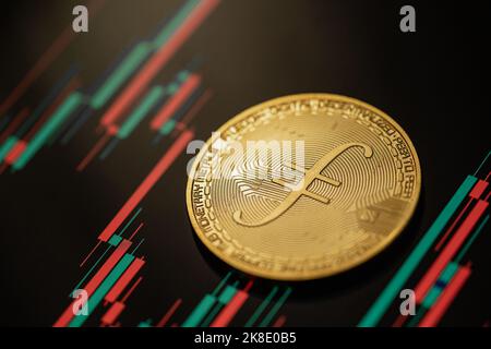 Gold Filecoin (FIL) cryptocurrency with candle stick graph chart and ...