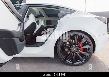 Slovenia, Ljubljana - March 19 2022: White Electric car Tesla Stock ...