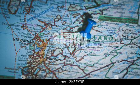 Jørpeland, Norway. Blue pinhead on map Stock Photo - Alamy