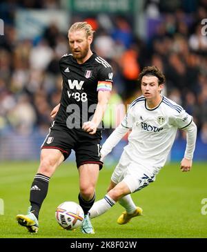Leeds United's Brenden Aaronson (right) celebrates scoring their side's ...