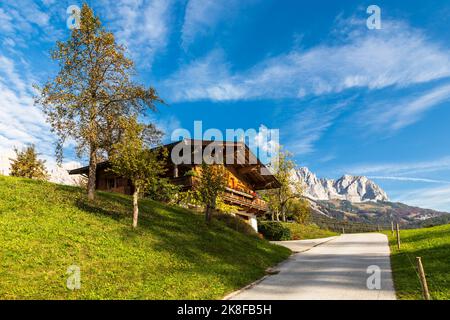 Tyrolean house in front of the Wilder Kaiser, Going, Tyrol, Austria ...