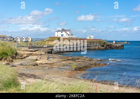 Cliff House and rocky coastline, Amble, Northumberland, England, United ...