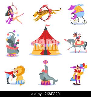 Cartoon circus tiger and lion jumping through hoop. Cute and funny ...