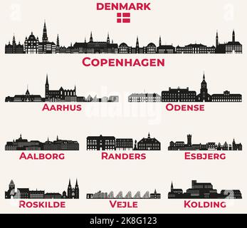 Denmark, Aarhus city skyline isolated vector illustration. Denmark, Aarhus travel cityscape with ...
