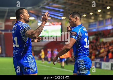 Mat Feagai of Samoa celebrates his try with Ligi Sao of Samoa during ...