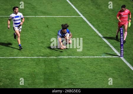 Tim Lafai of Samoa goes over for a try during the Rugby League World ...