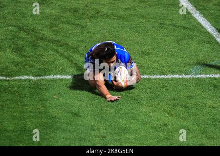 Tim Lafai of Samoa goes over for a try during the Rugby League World ...