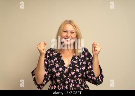 Photo of positive cheerful lady raise opened hands palms enjoy new ...
